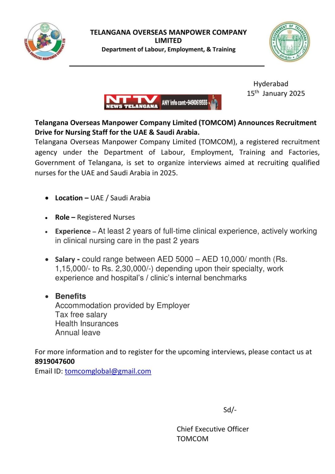 TOMCOM Staff Nurse Vacancy 2025 in UAE and Saudi Arabia