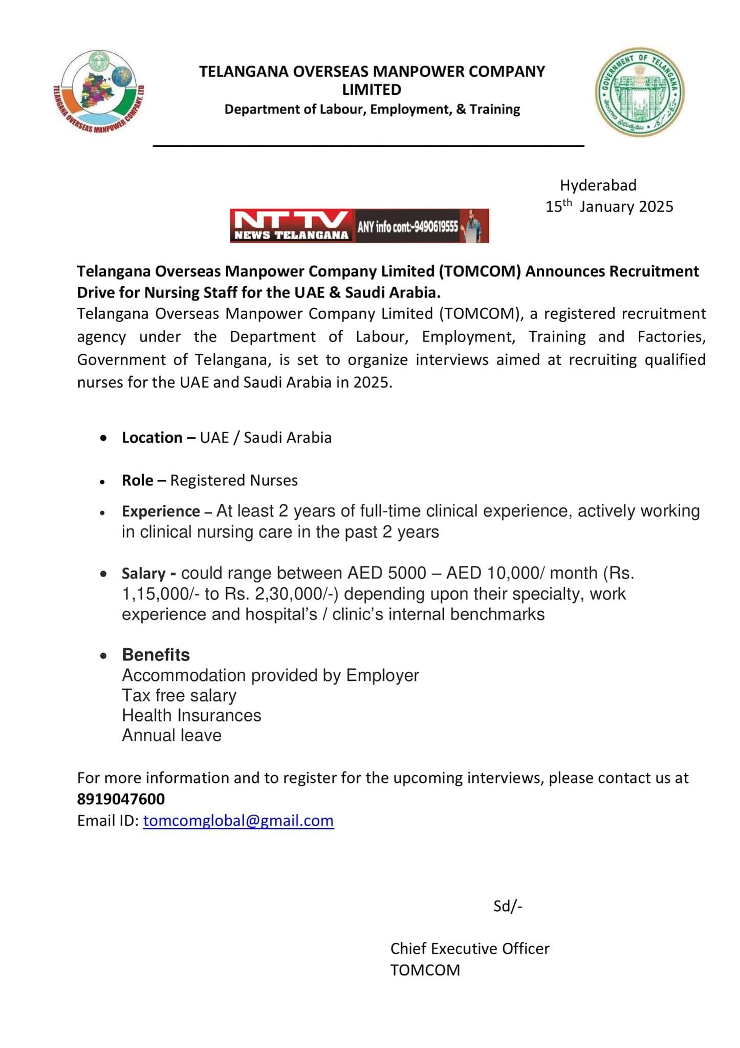 TOMCOM Staff Nurse Vacancy 2025 in UAE and Saudi Arabia