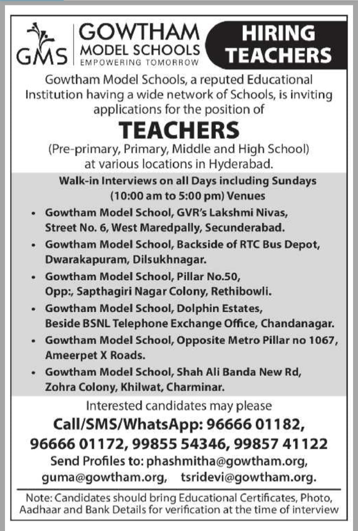 Hyderabad, Gowtham Model Schools Teachers Recruitment 2026 Daily Walk ...