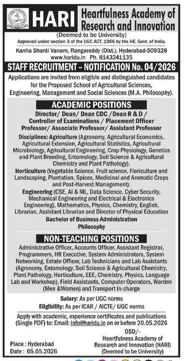 HARI University Hyderabad Recruitment 2026 – Professor, Assistant ...